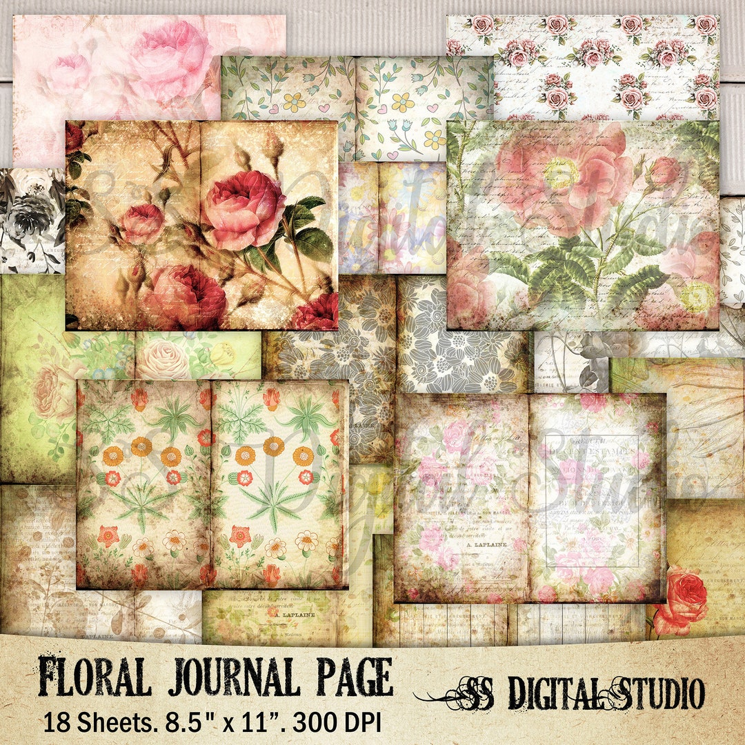 18 Sheets Floral Paper, Vintage, Shabby, Rose, Paper, Digital, Junk ...