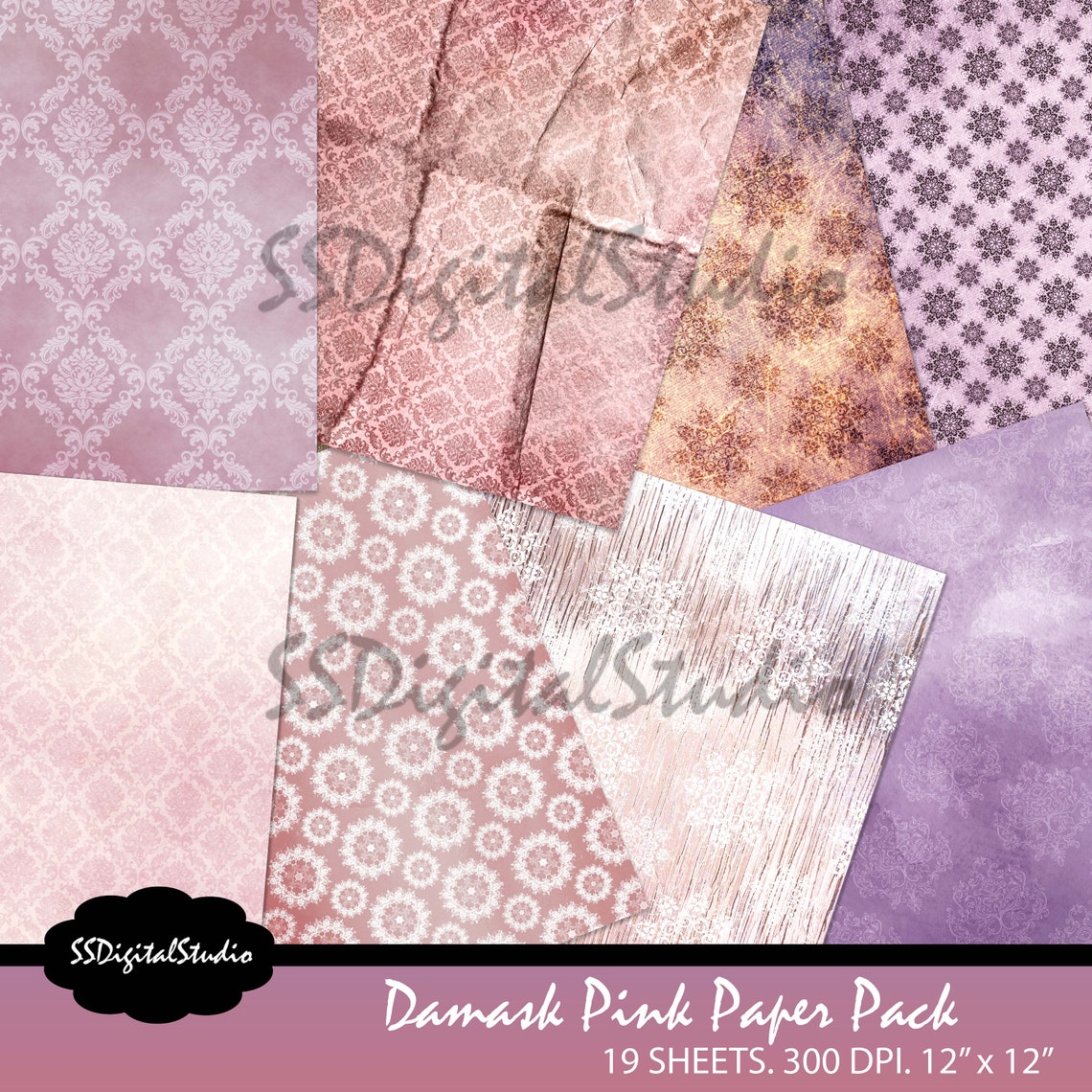 Vintage Grunge Pink Damask Digital Paper Pack Card Making | Etsy
