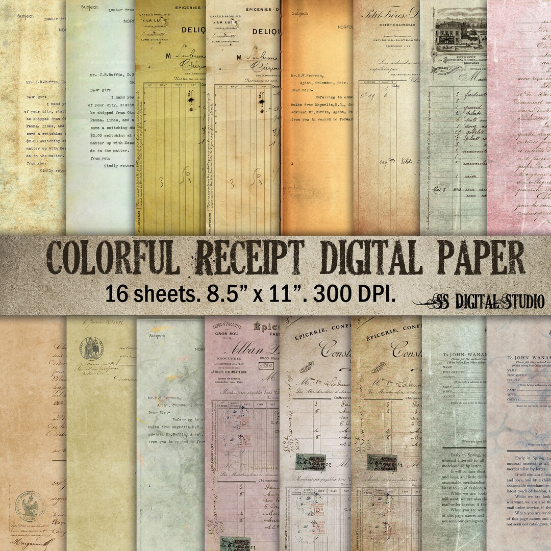 16 Sheets, Colorful Receipt, Letter, Note, Vintage, Journal Paper ...