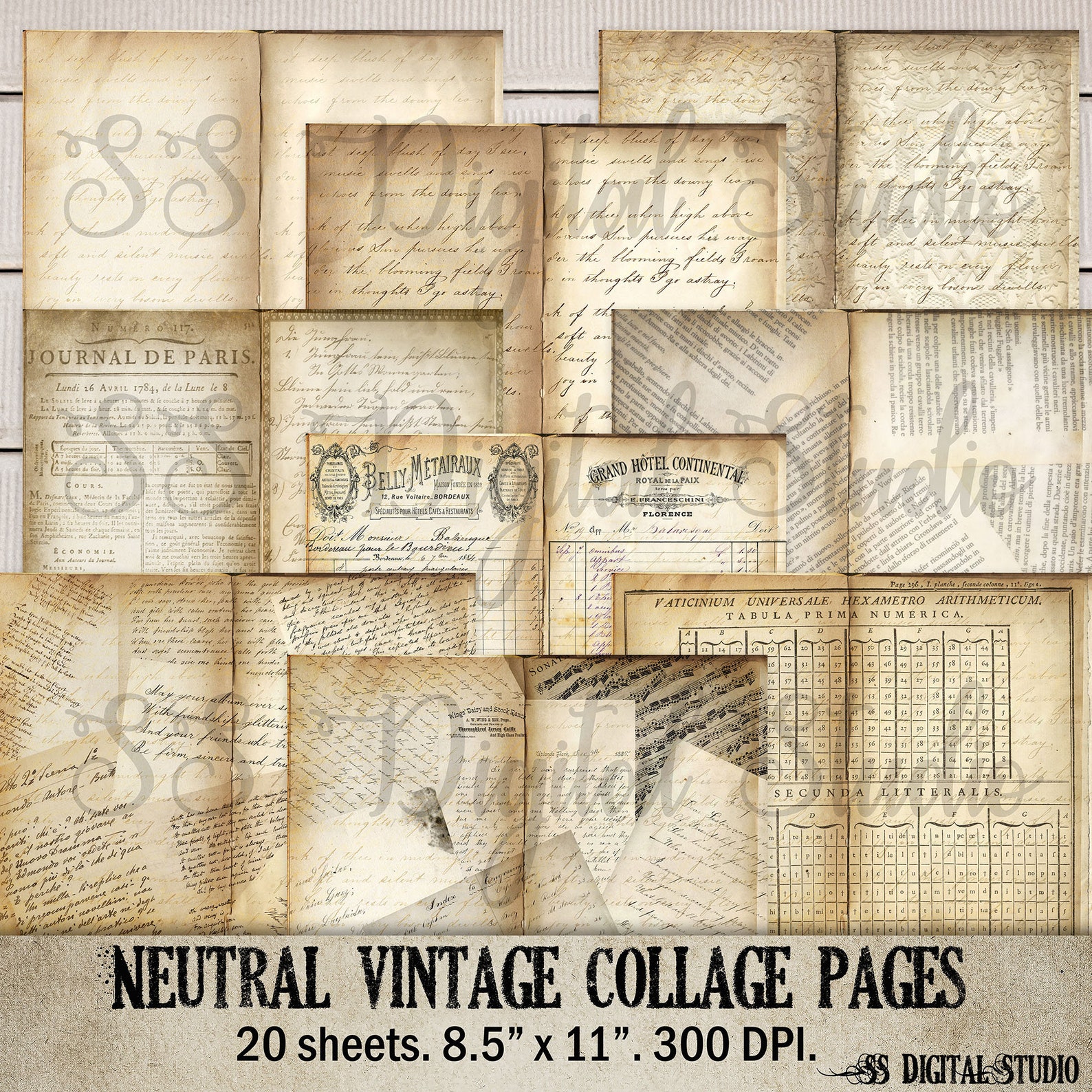 Vintage Collage Paper, Landscape, Script, Coffee Stained Junk ...