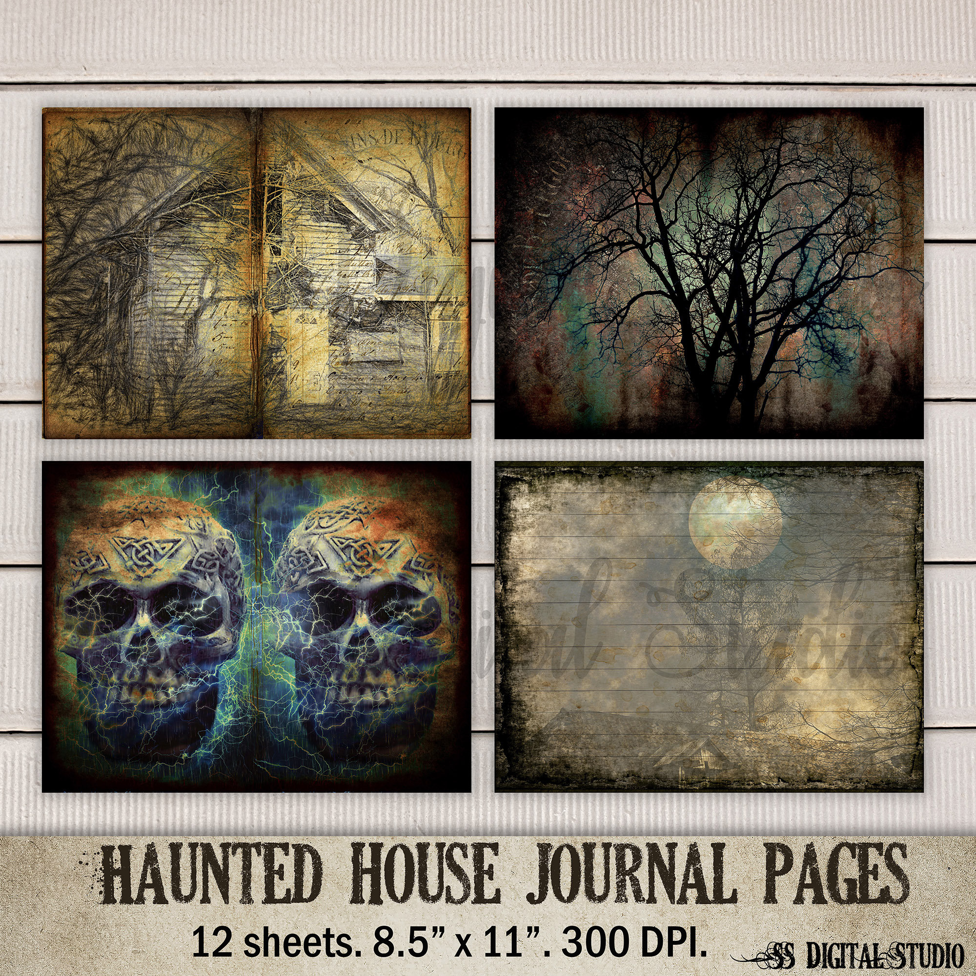 12 Haunted House Halloween Paper Pack Skull Background | Etsy