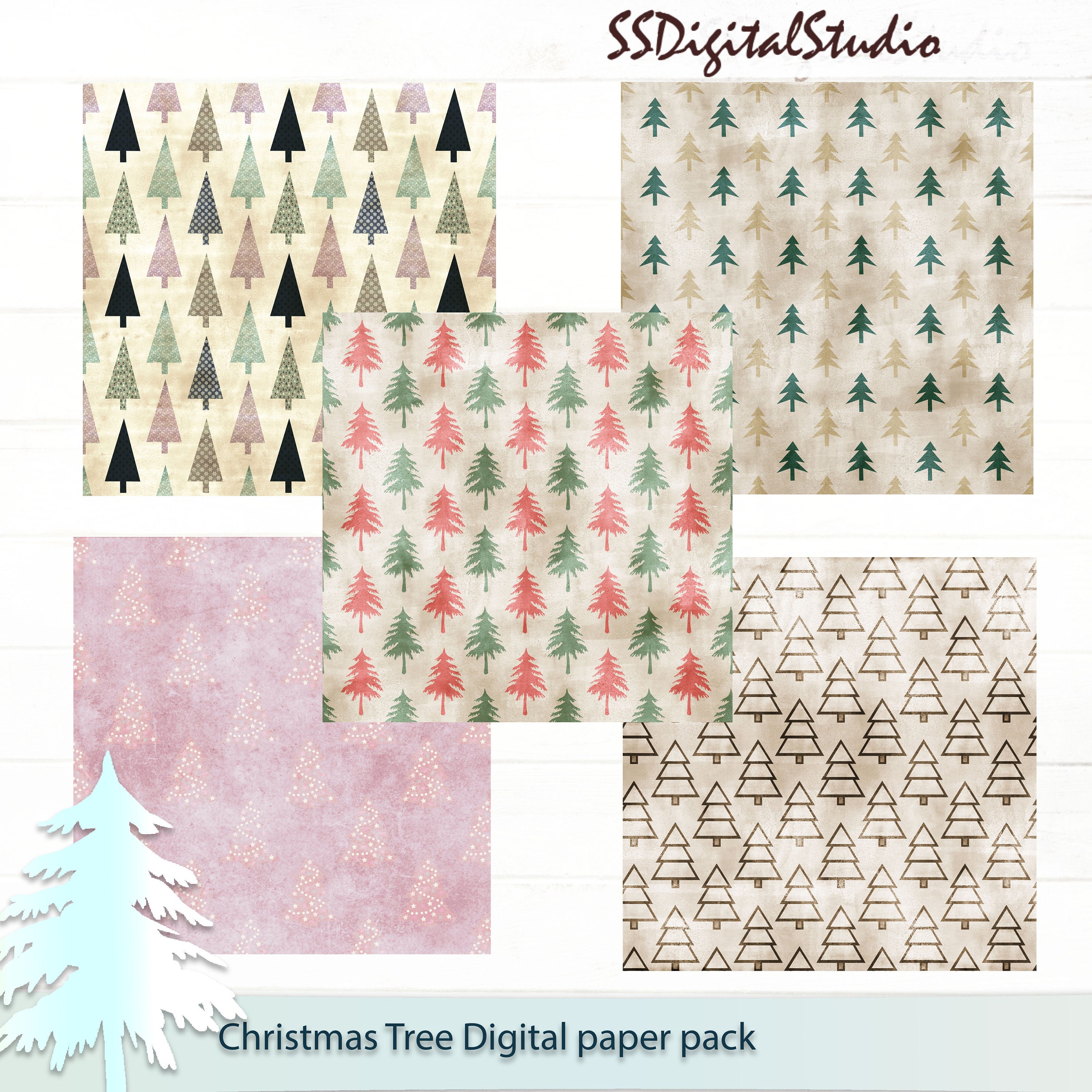 Christmas Tree Pastel Digital Paper Pack Card Making Back - Etsy
