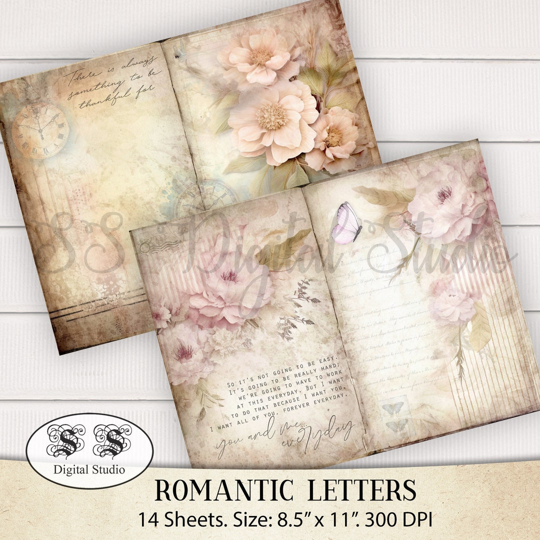 14 Sheets of Elegant Romantic Journal Paper, Pink, Grunge Layered ...