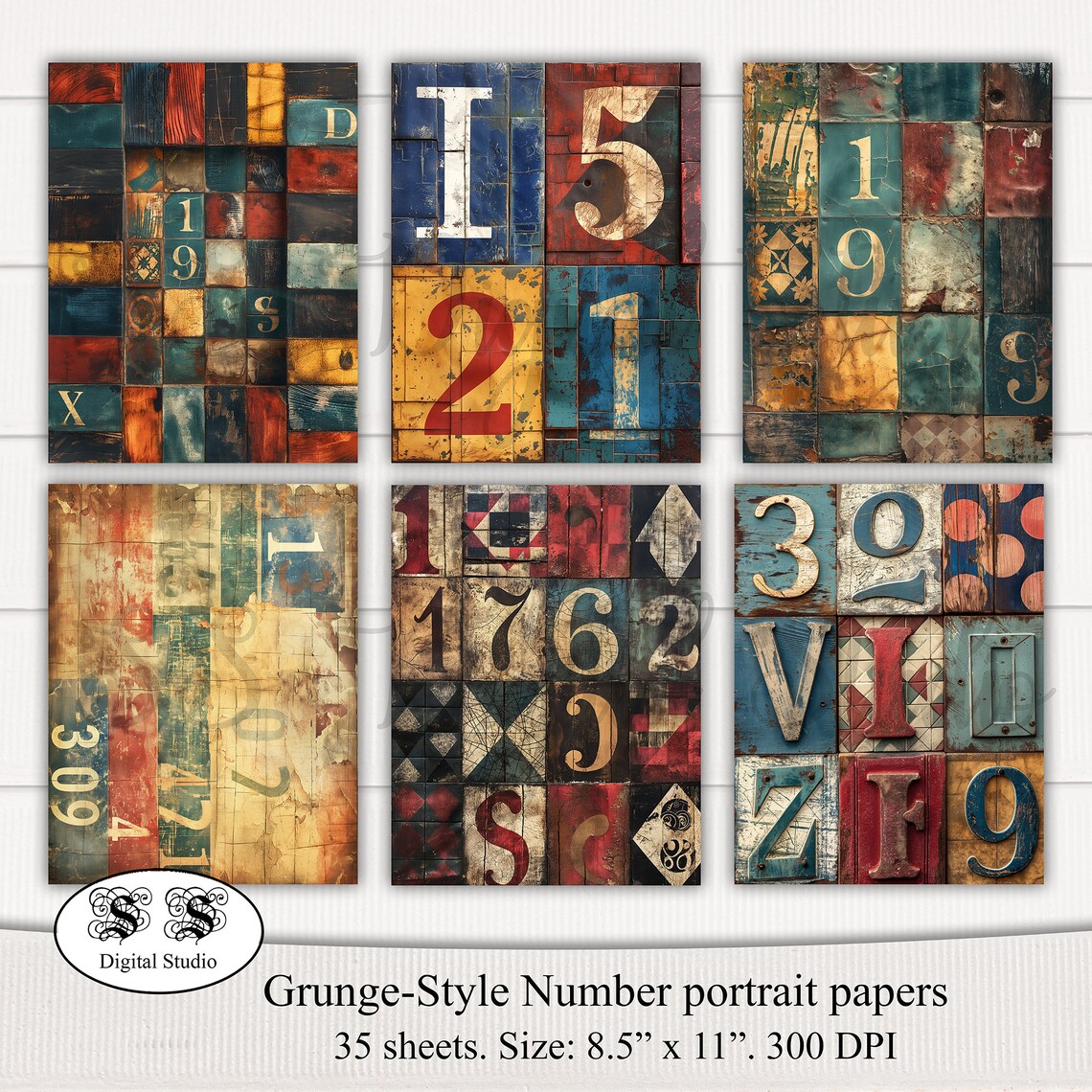 Grunge-style Number Portrait Printable Papers for Scrapbooking and Junk ...