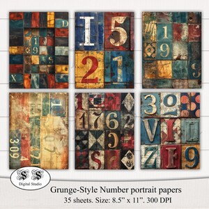 Grunge-style Number Portrait Printable Papers for Scrapbooking and Junk ...