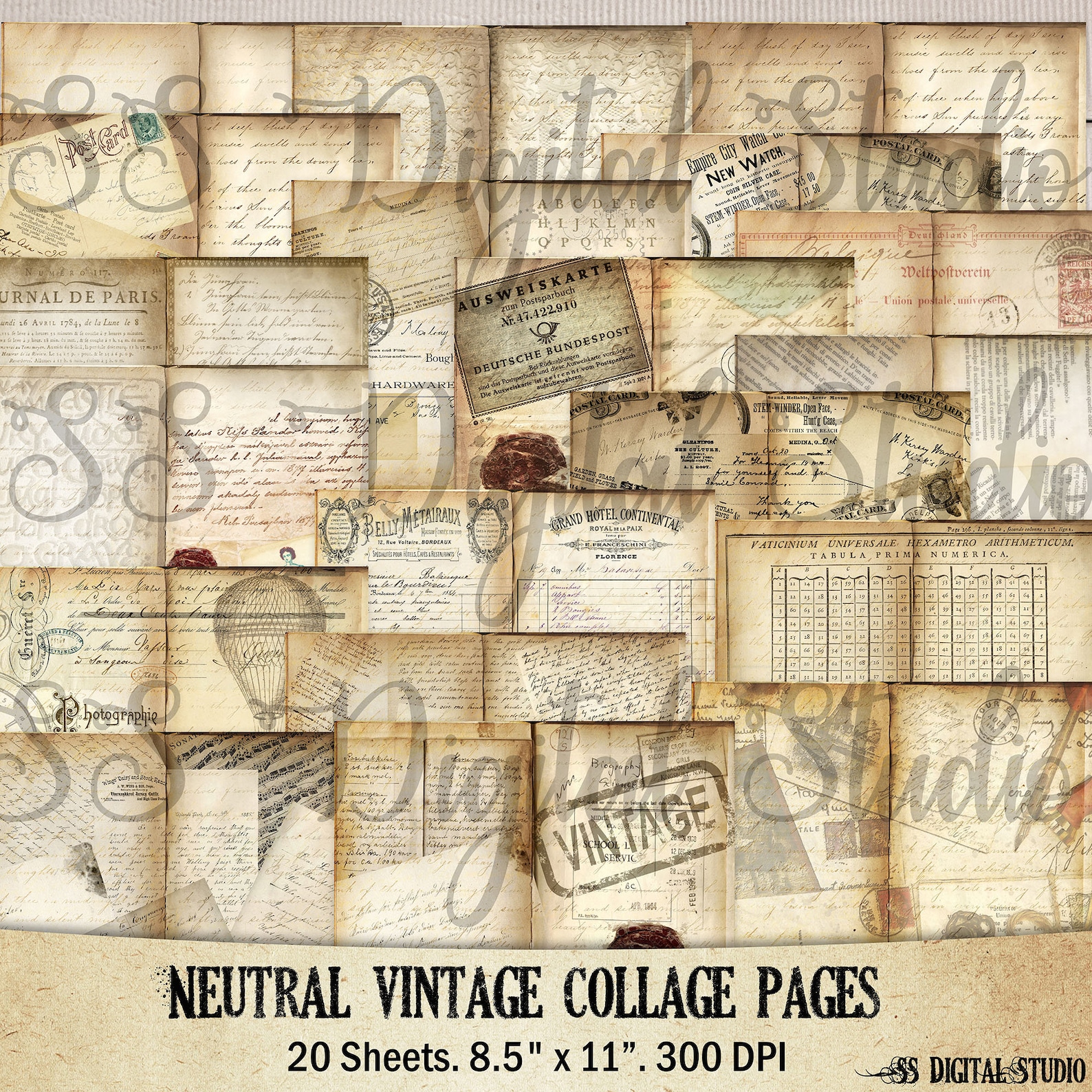 Vintage Collage Paper, Landscape, Script, Coffee Stained Junk ...