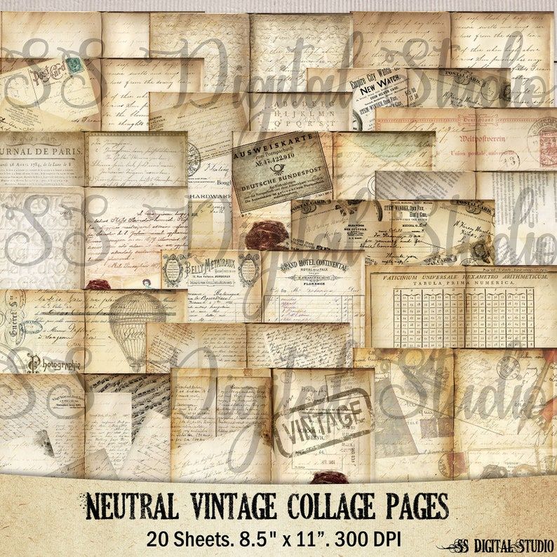 Vintage Collage Paper, Landscape, Script, Coffee Stained Junk ...