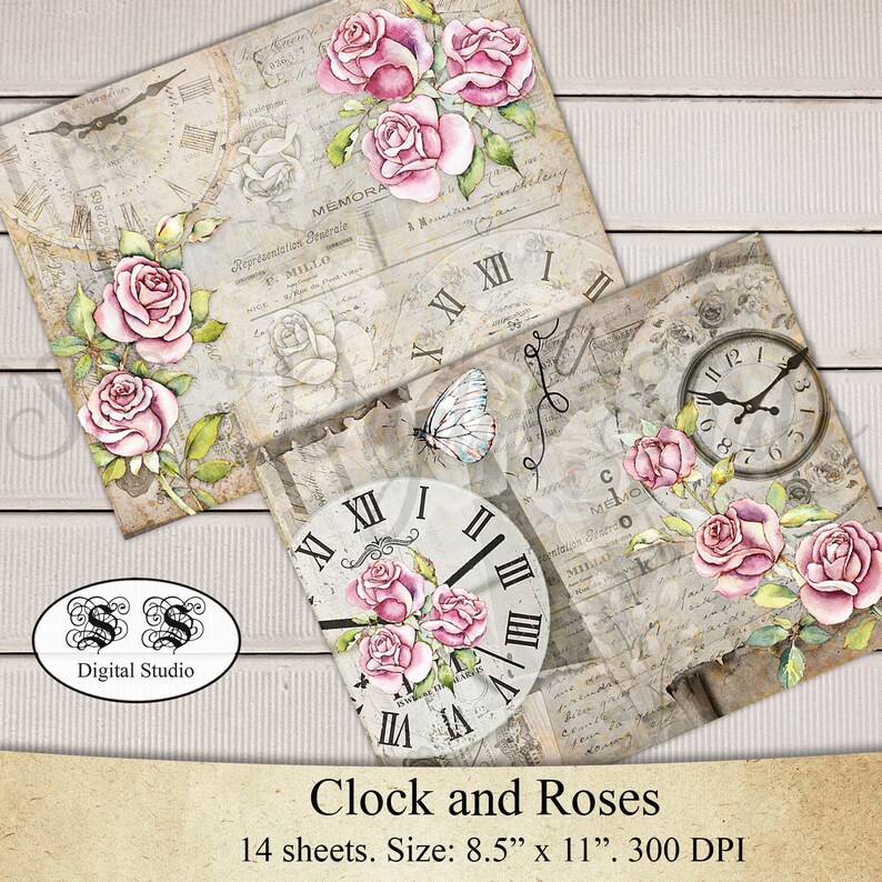 Clock and Roses Printable Paper Vintage Roses Antique - Etsy
