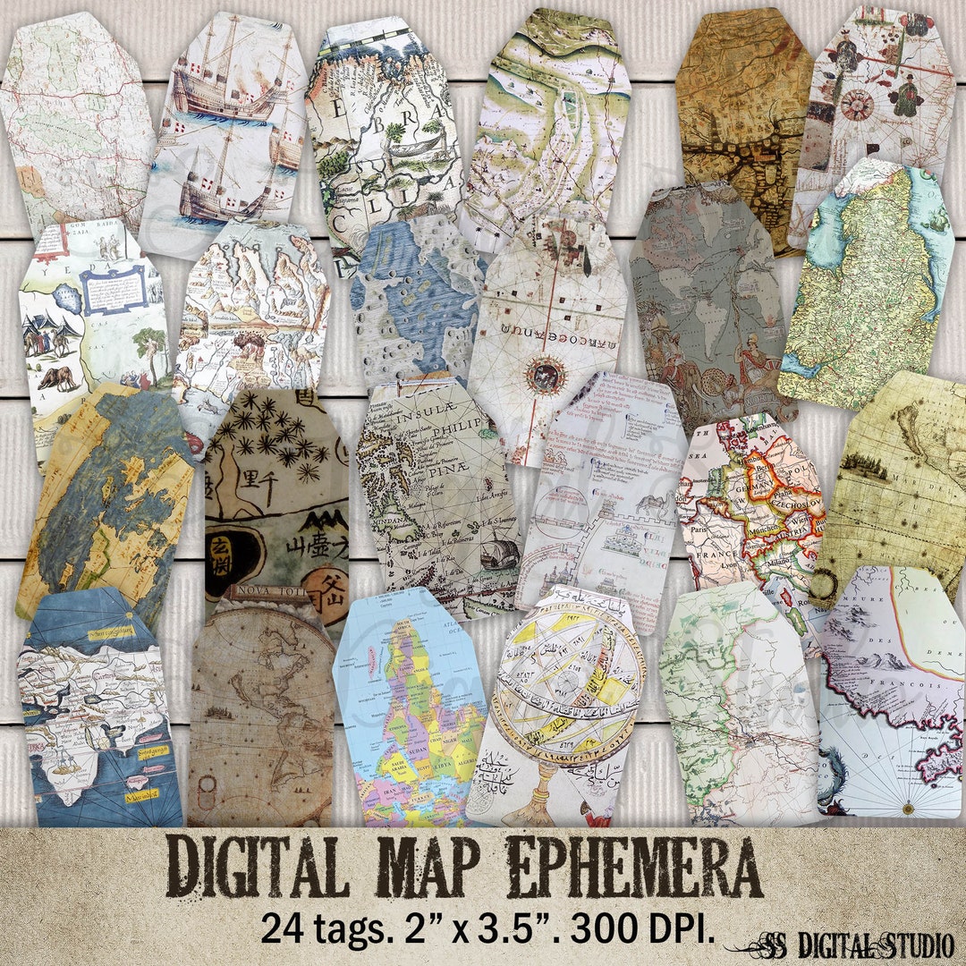 Map, Ephemera Tags, Digital Gift Tags, Printable Tags, Vintage Tags ...