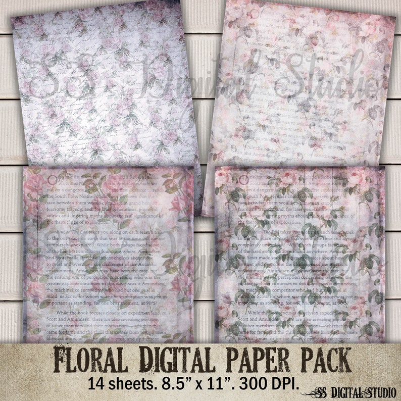 Vintage Shabby Chic Digital Scrapbook Paper Pack Pink Floral | Etsy