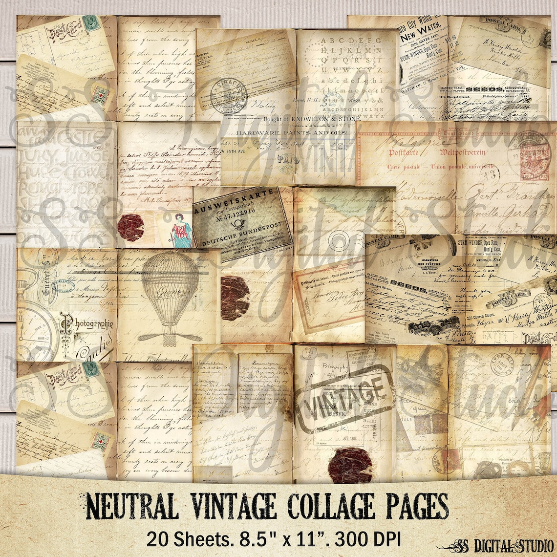 Vintage Collage Paper, Landscape, Script, Coffee Stained Junk ...