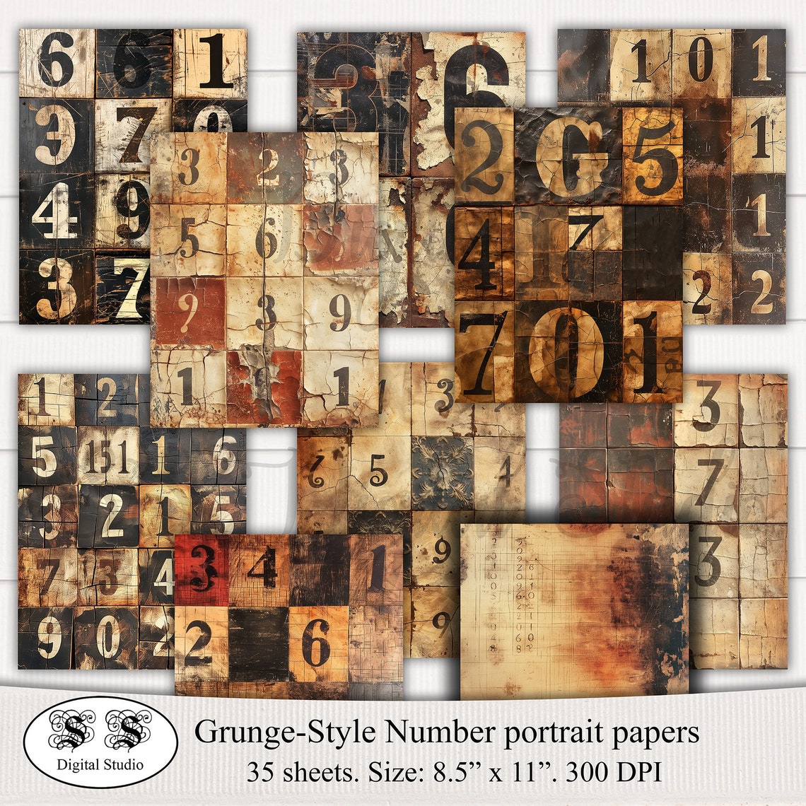 Grunge-style Number Portrait Printable Papers for Scrapbooking and Junk ...
