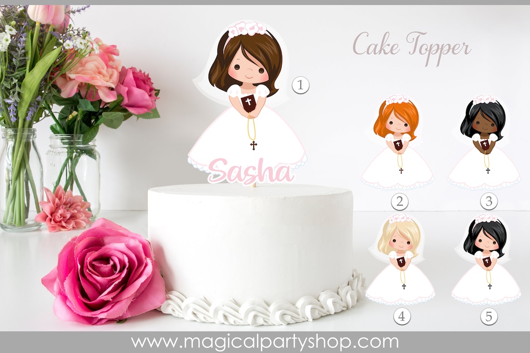 First Communion Girls Cake Topper With Veil | Communion Centerpieces ...