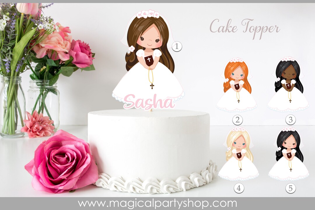 First Communion Girls Cake Topper With Flowers | Communion Centerpieces ...
