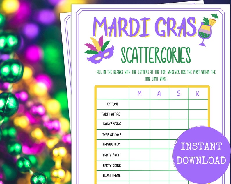 Mardi Gras Scattergories Game, Mardi Gras Themed Party, Printable Mardi ...
