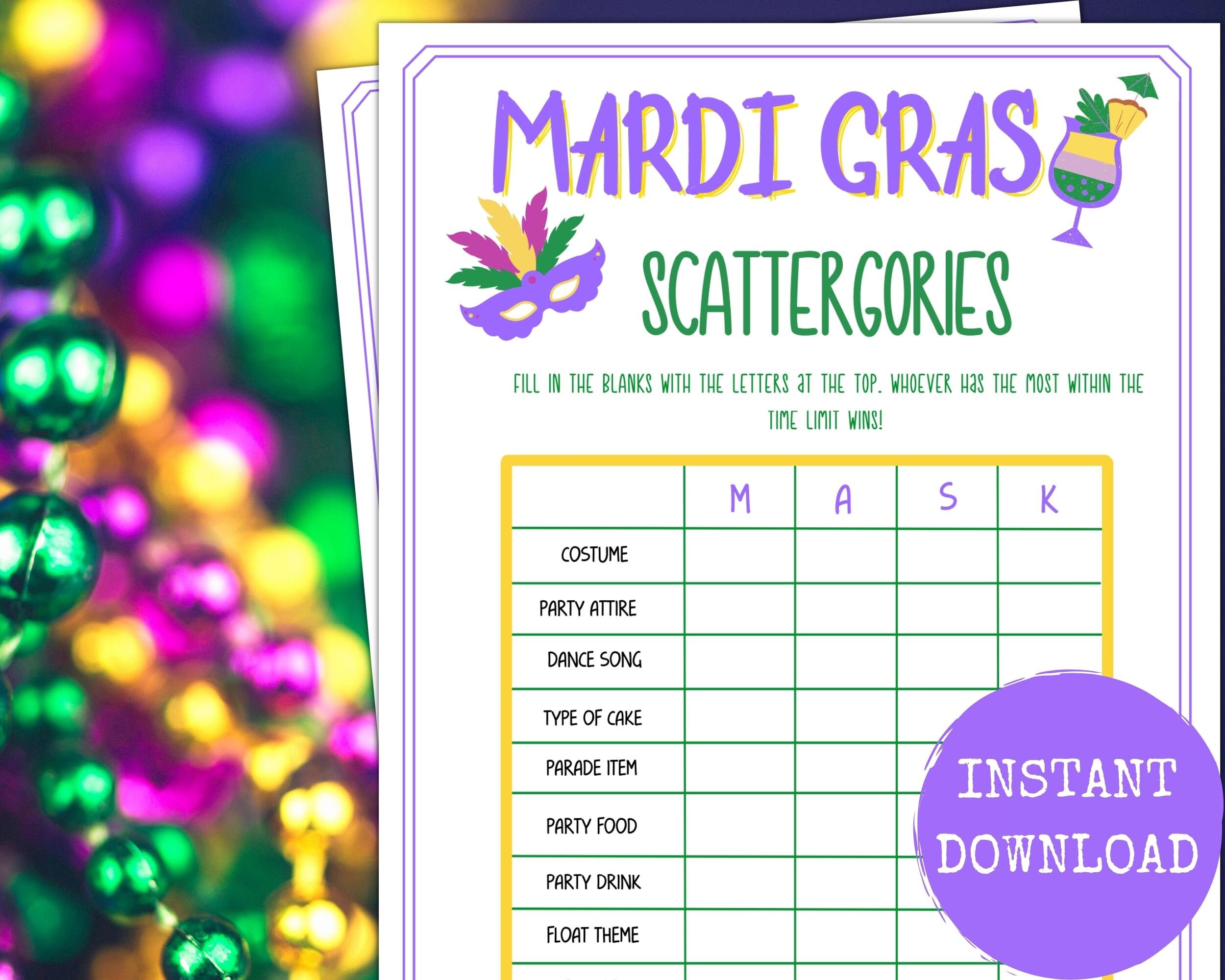 Mardi Gras Scattergories Game, Mardi Gras Themed Party, Printable Mardi ...