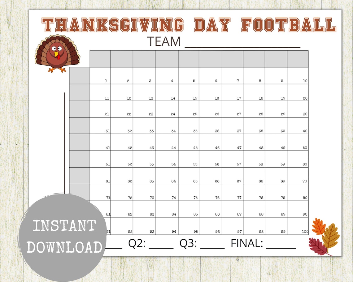 Football Squares Game, Thanksgiving Day Game Football Squares, Bowl ...