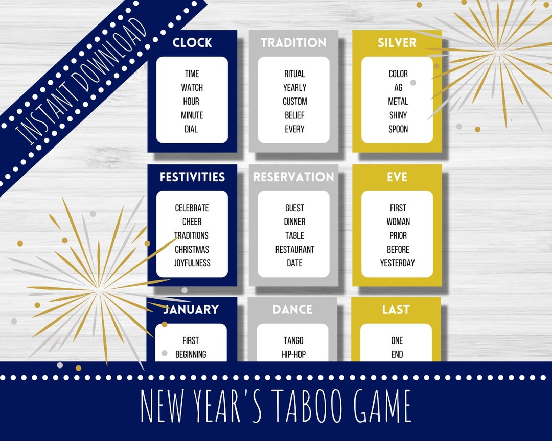 New Year Taboo Game, Printable New Year Taboo Game, New Year Games ...