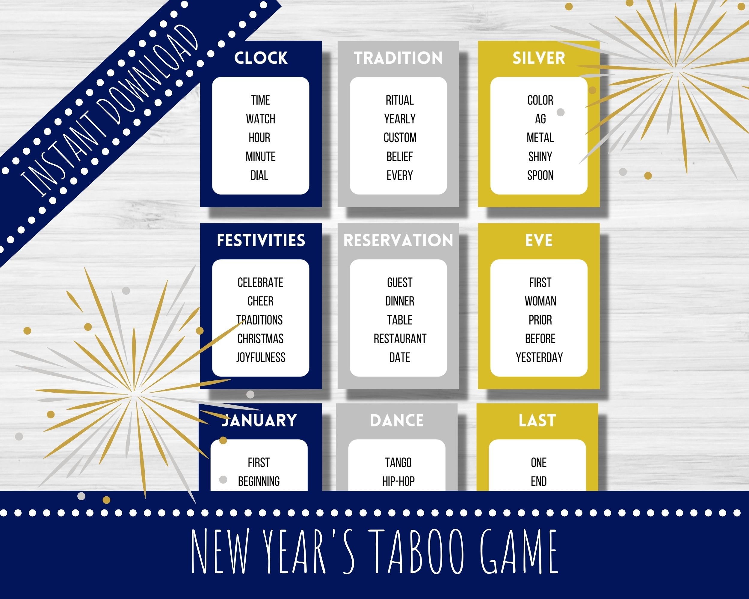 New Year Taboo Game, Printable New Year Taboo Game, New Year Games ...