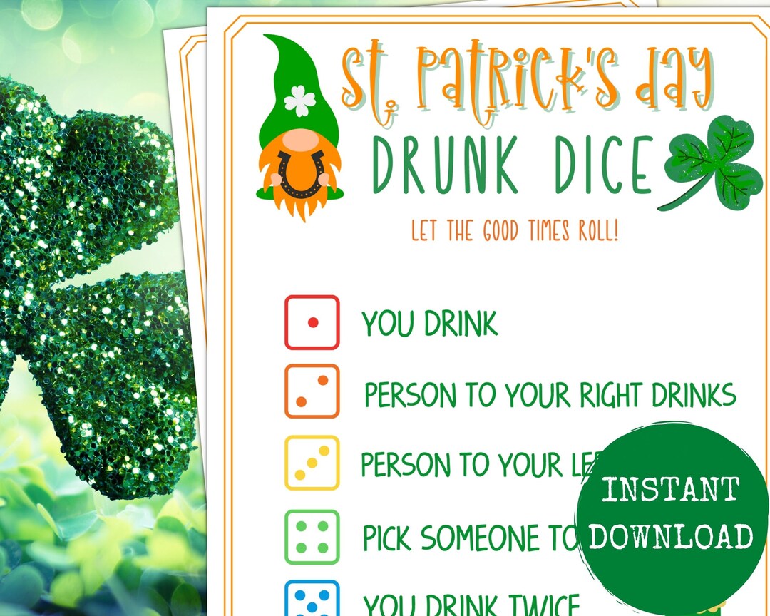 St Patrick's Day DRUNK DICE Game, St Patty's Party, Printable St Patty ...