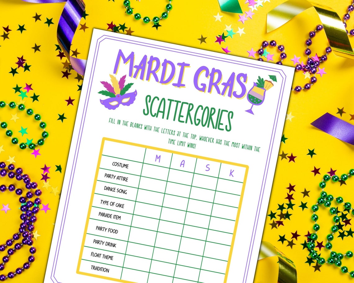 Mardi Gras Scattergories Game, Mardi Gras Themed Party, Printable Mardi ...
