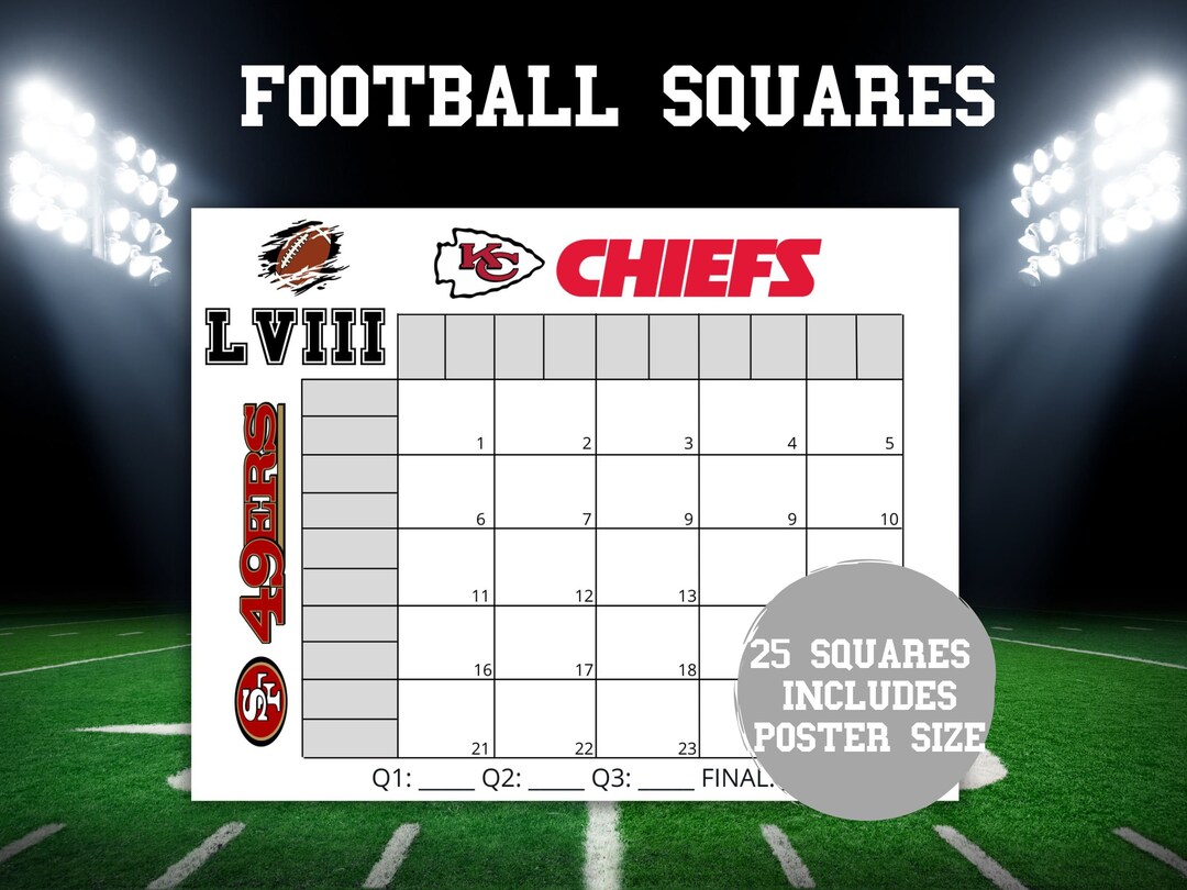 25 Football Squares Game, Super Bowl Squares, Super Bowl Game 2024 ...