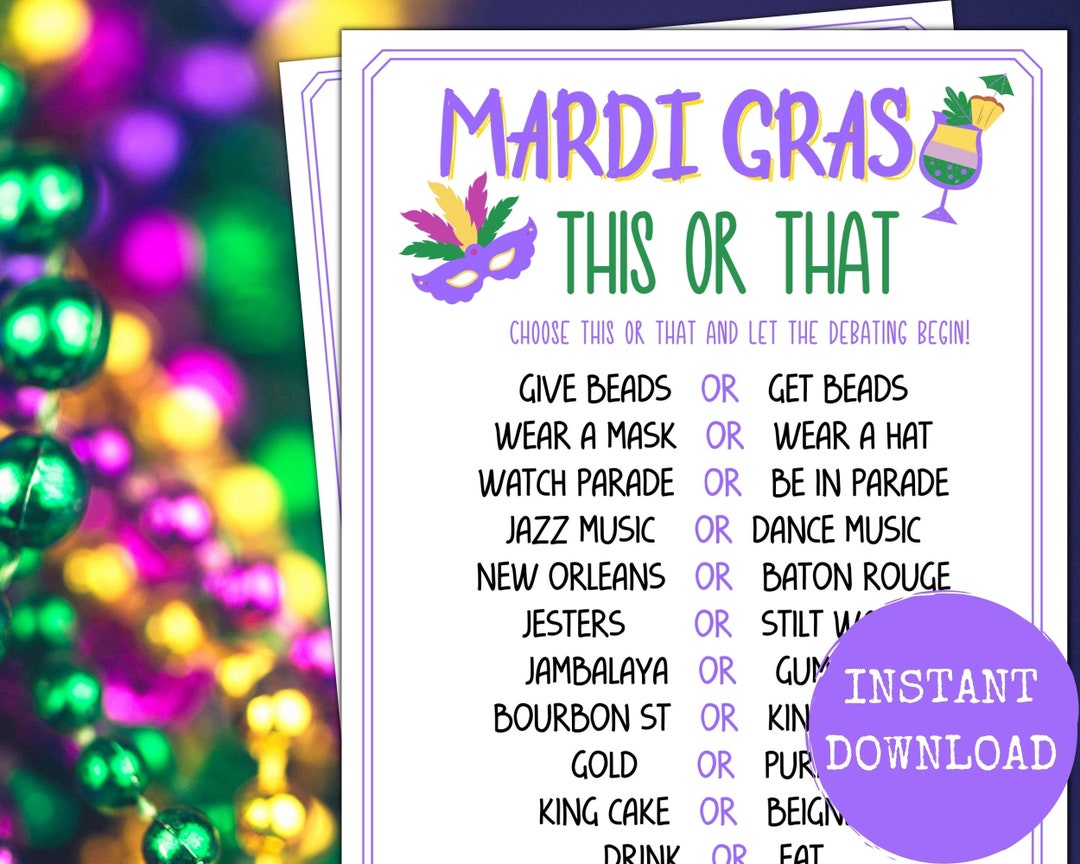 Mardi Gras This or That Game, Mardi Gras Themed Party, Printable Mardi ...