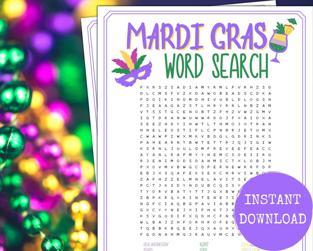 Mardi Gras Word Search Game, Mardi Gras Themed Party, Printable Mardi ...