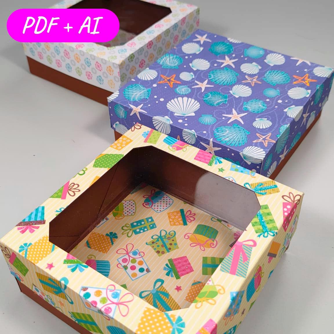 Plantilla IMPRIMIBLE PDF caja cuadrada con tapa con ventana cuadrada ...