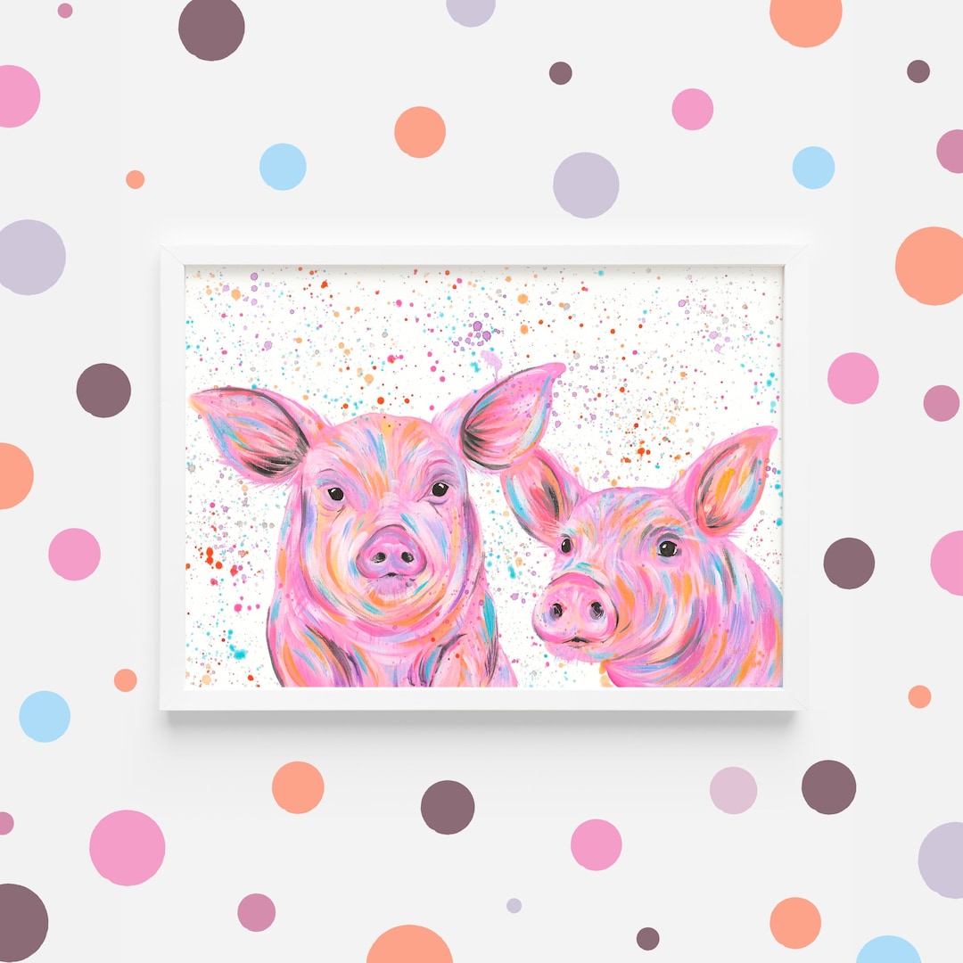 Cute Pigs Art Print, Pig Painting, Farmhouse Decor, Colourful Animal ...