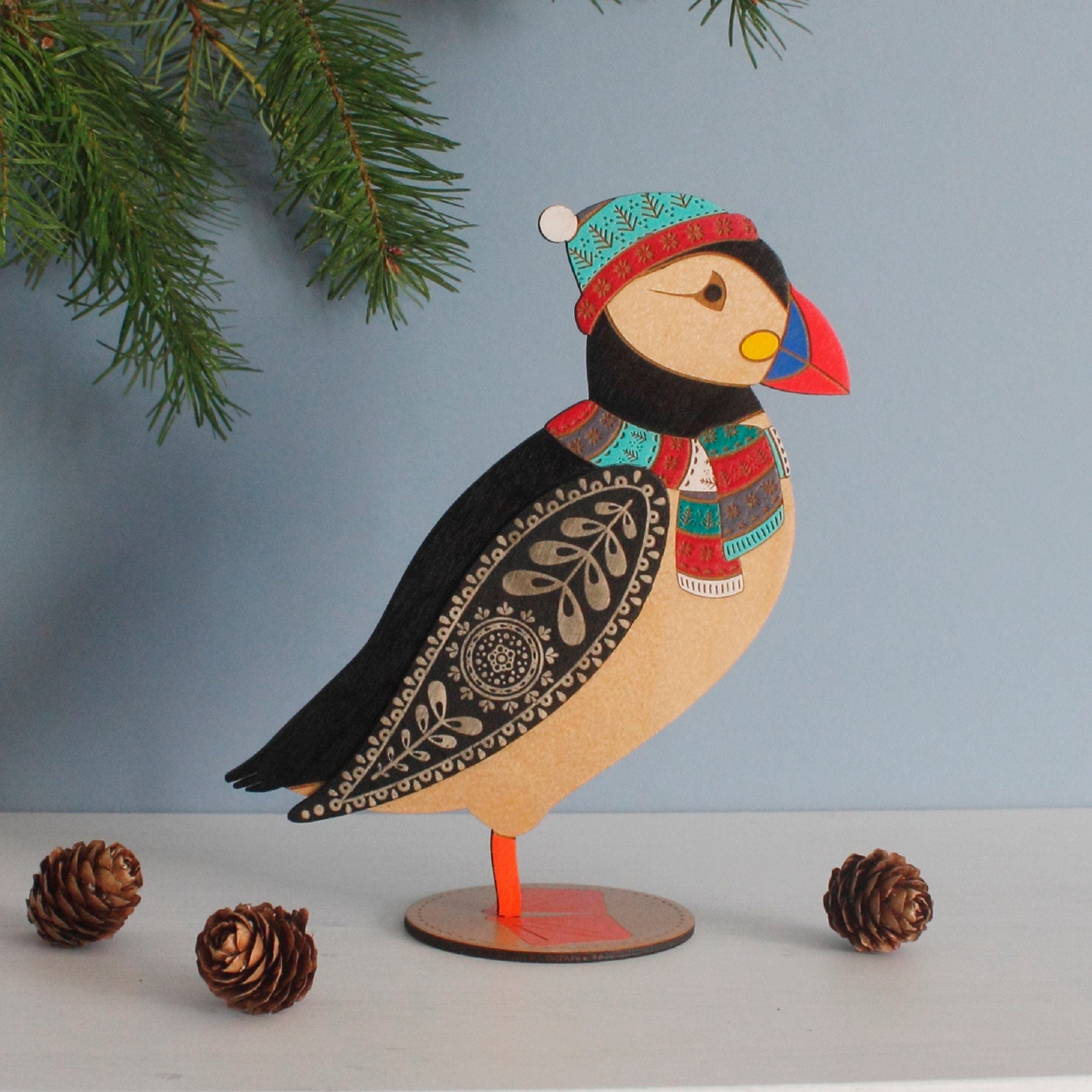 Winter Edition Wooden Standing Puffin Decoration - Hand Painted - Etsy