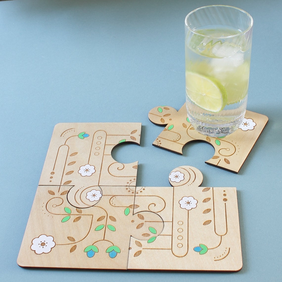 Wooden Jigsaw Geometric Spring Folk Art Coasters - Set of 4 - Etsy