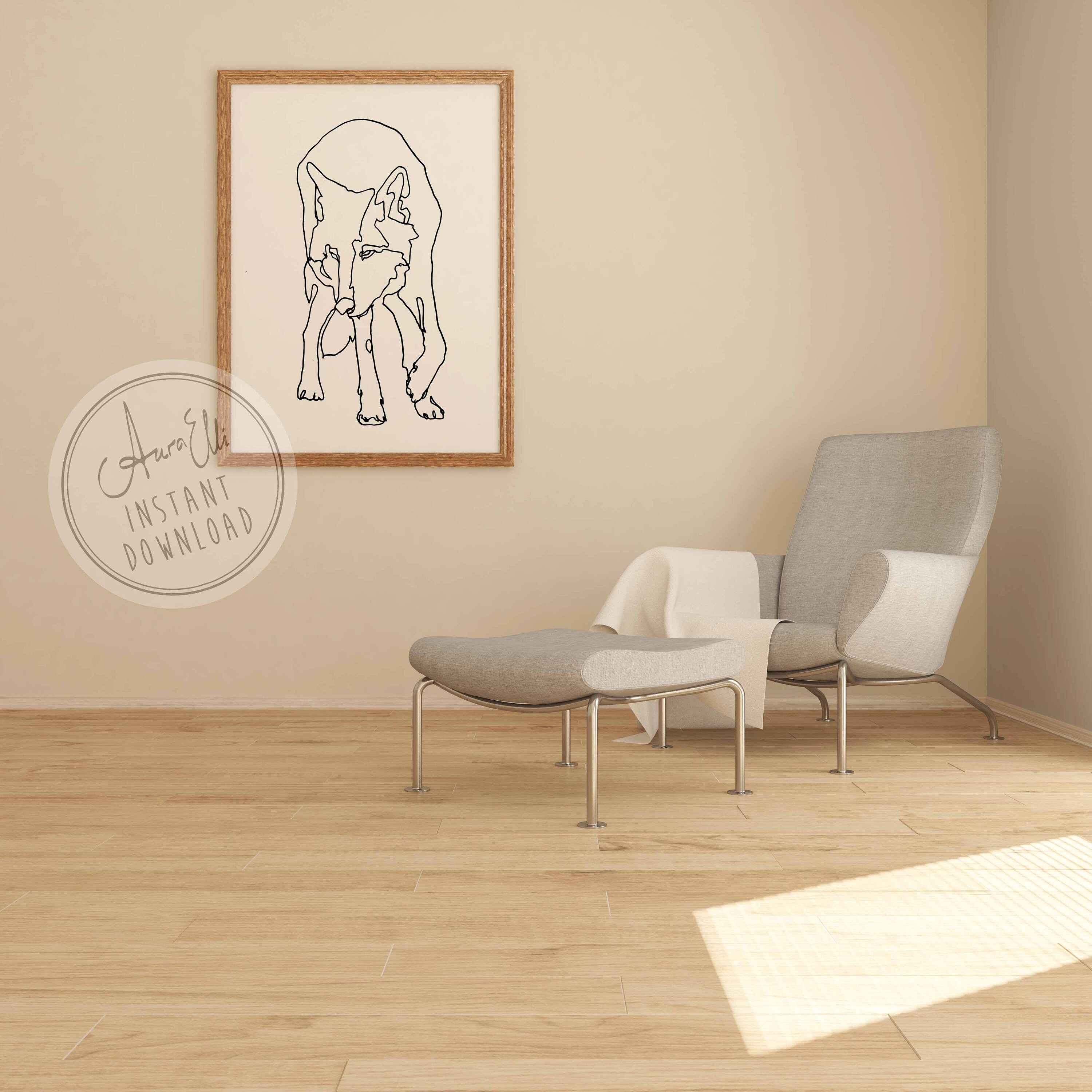 Wolf Print, One Line Art Drawing, Printable Wall Art, Black and White ...