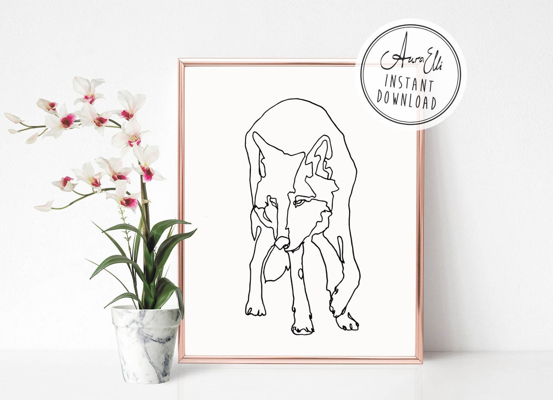 Wolf Print, One Line Art Drawing, Printable Wall Art, Black and White ...