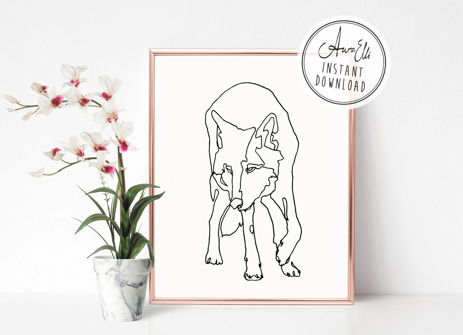 Wolf Print, One Line Art Drawing, Printable Wall Art, Black and White ...