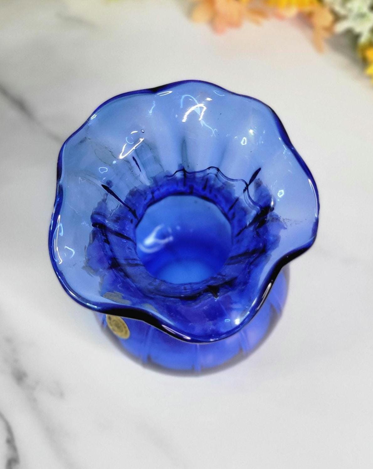 Vintage Cobalt Blue Dalian Glass Vase - Melon Shaped - Ribbed - Ruffled ...
