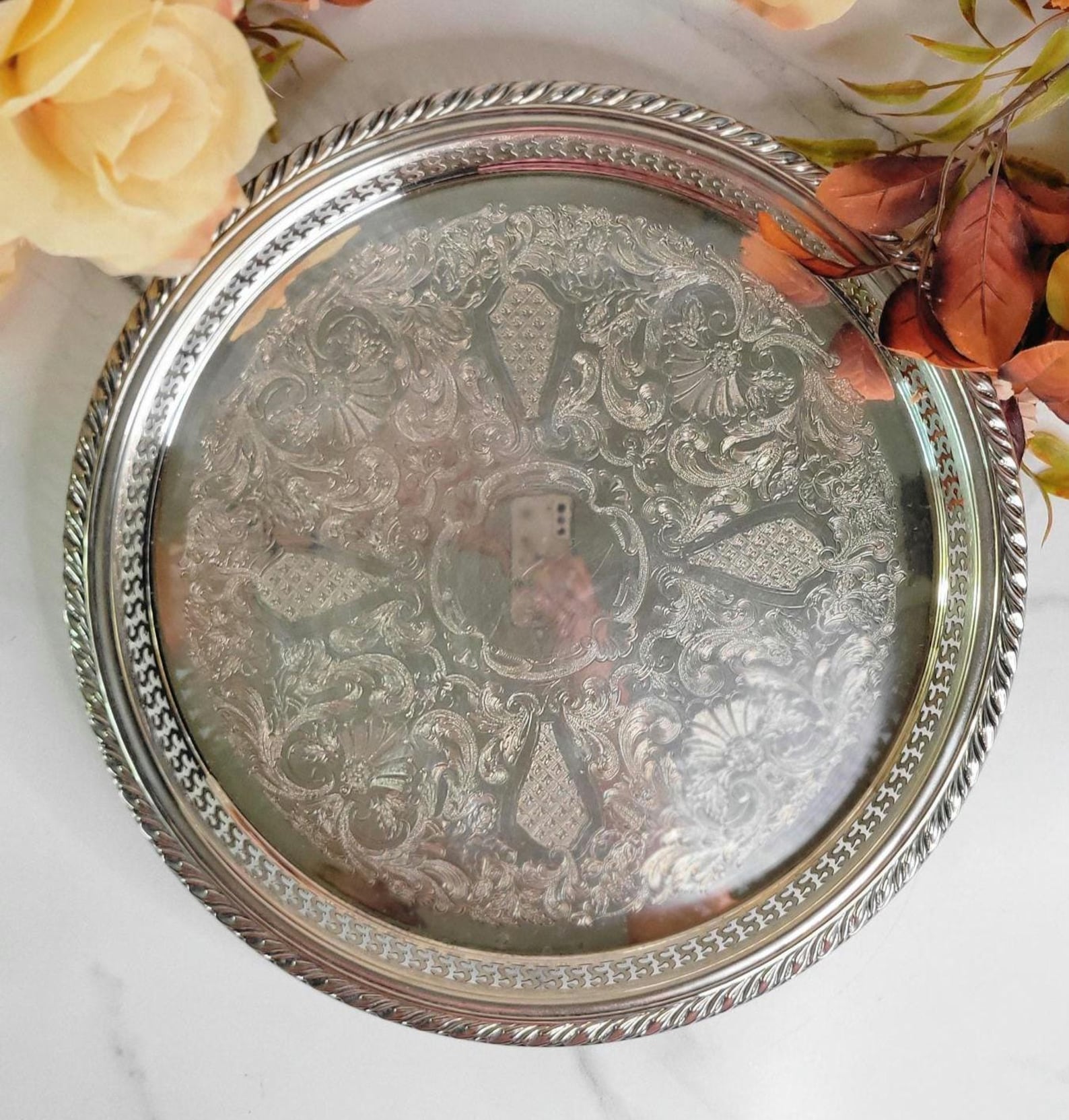 Vintage Oneida Round Silverplate Serving Tray - Gallery Rim and Etched ...