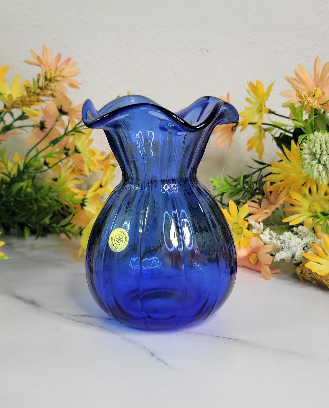 Vintage Cobalt Blue Dalian Glass Vase - Melon Shaped - Ribbed - Ruffled ...