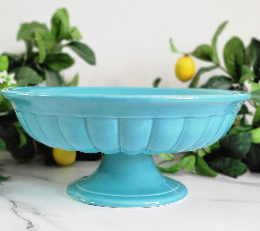 Vintage Fluted Turquoise Ceramic Pedestal Bowl - by Maioliche Jessica ...