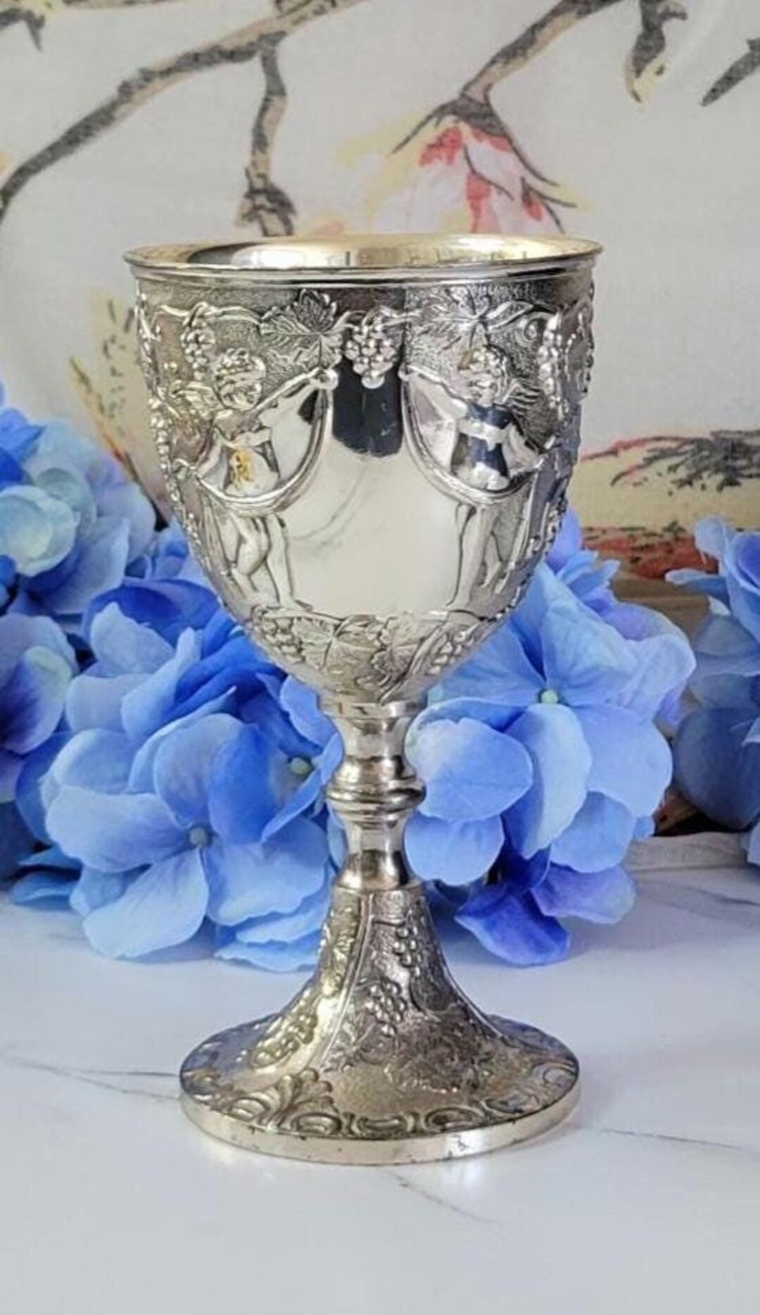 Silverplated Cherub and Grape Vine Wine Goblet Vintage Ornate Corbell ...
