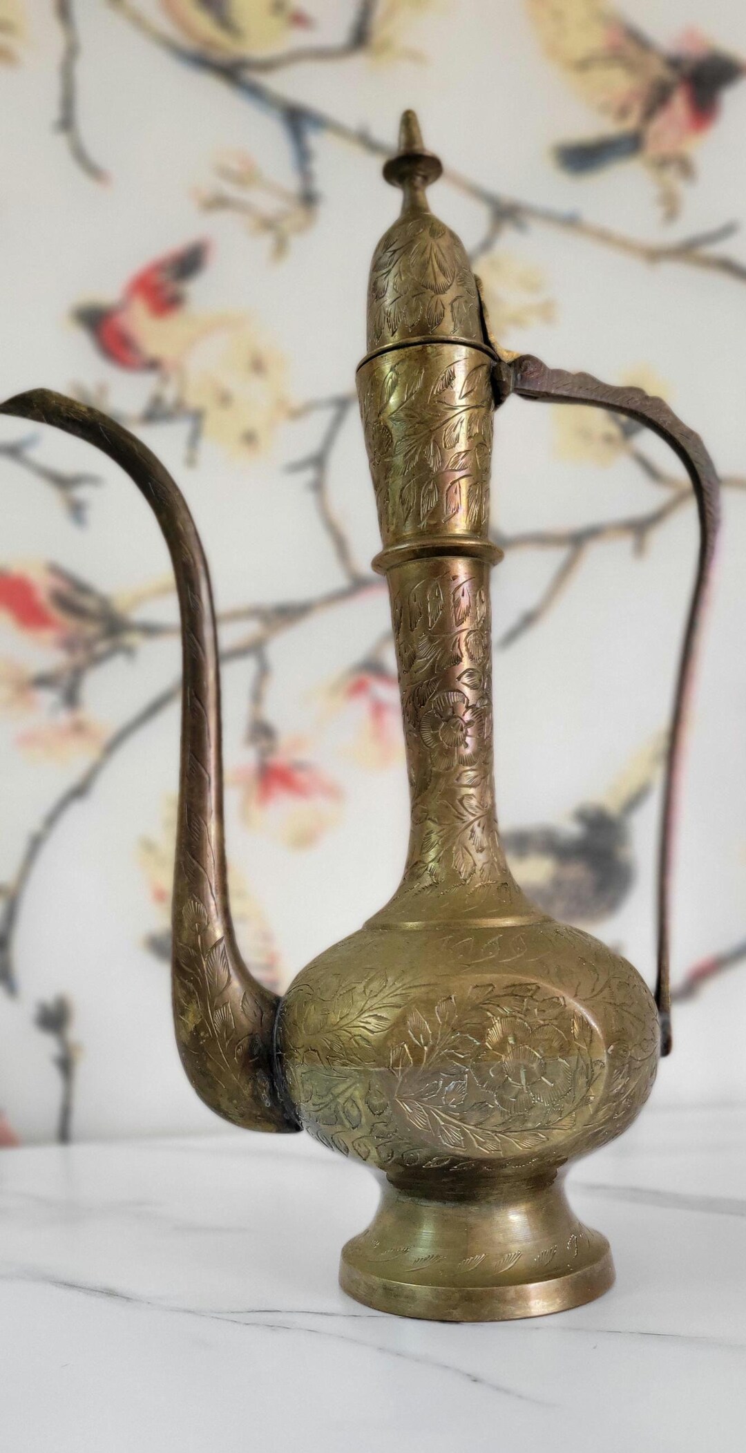 Vintage Indian Brass Hand Carved Tea Pot Home Accent - Circa 1970 - 13 ...