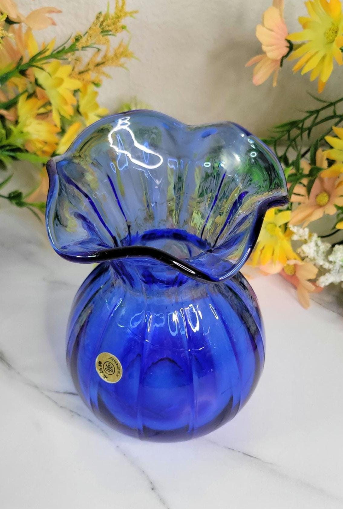 Vintage Cobalt Blue Dalian Glass Vase - Melon Shaped - Ribbed - Ruffled ...