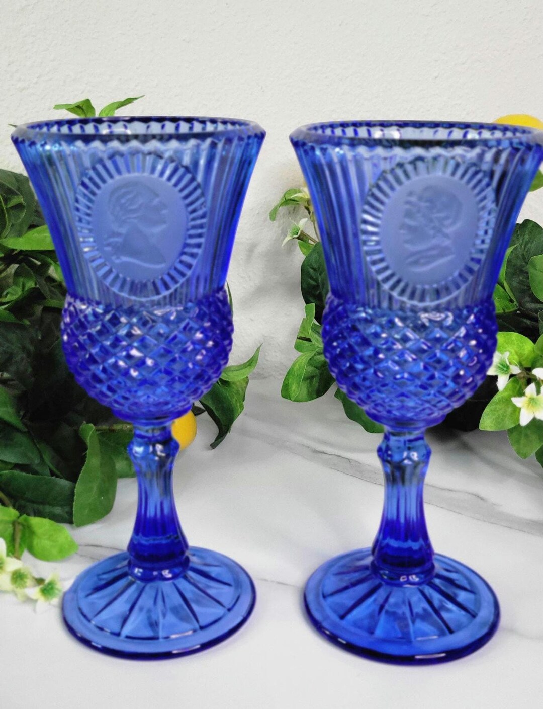 Vintage Avon Fostoria Blue Glass George & Martha Washington Goblets ...