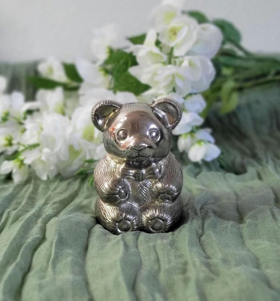 Vintage Silver Metal Teddy Bear Bank - Made in Japan - Bridalane - 3.5 ...