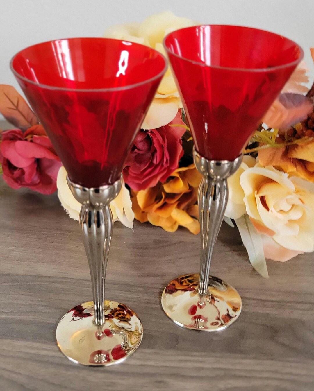 Pair of Red Crystal Silver Plate Wine Goblets - Vintage International ...