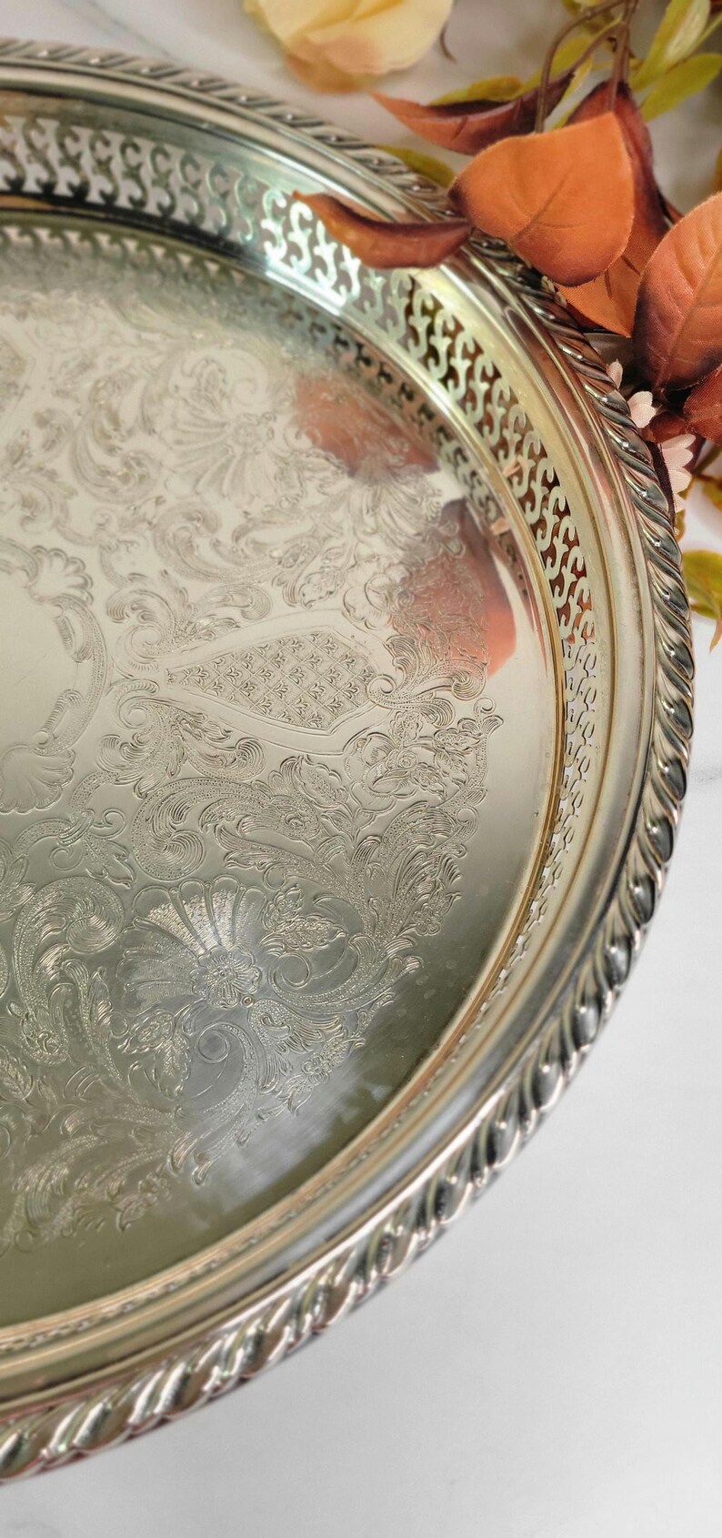 Vintage Oneida Round Silverplate Serving Tray - Gallery Rim and Etched ...