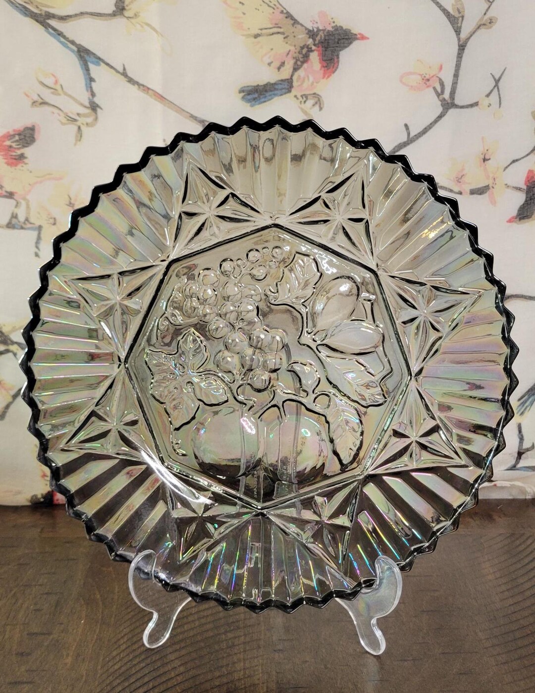 Vintage Indiana Glass Plate - Smoke Carnival Glass - Embossed Fruit on ...