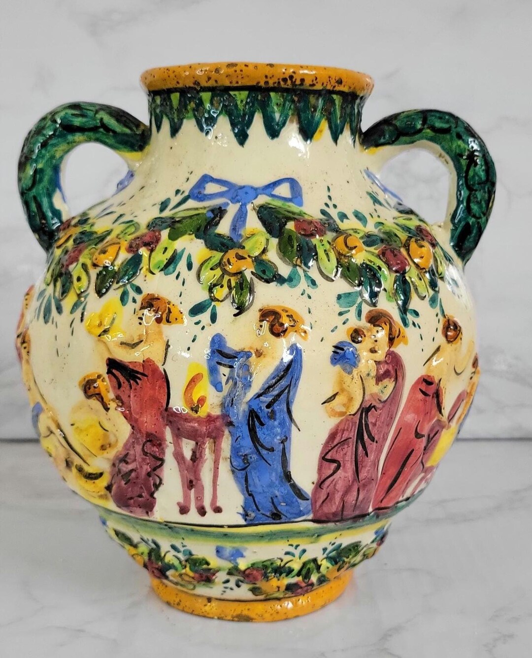 Rare Vintage Dual Handle Vase - Cellini Majolica Hand-painted - Robed Women Italy - Etsy