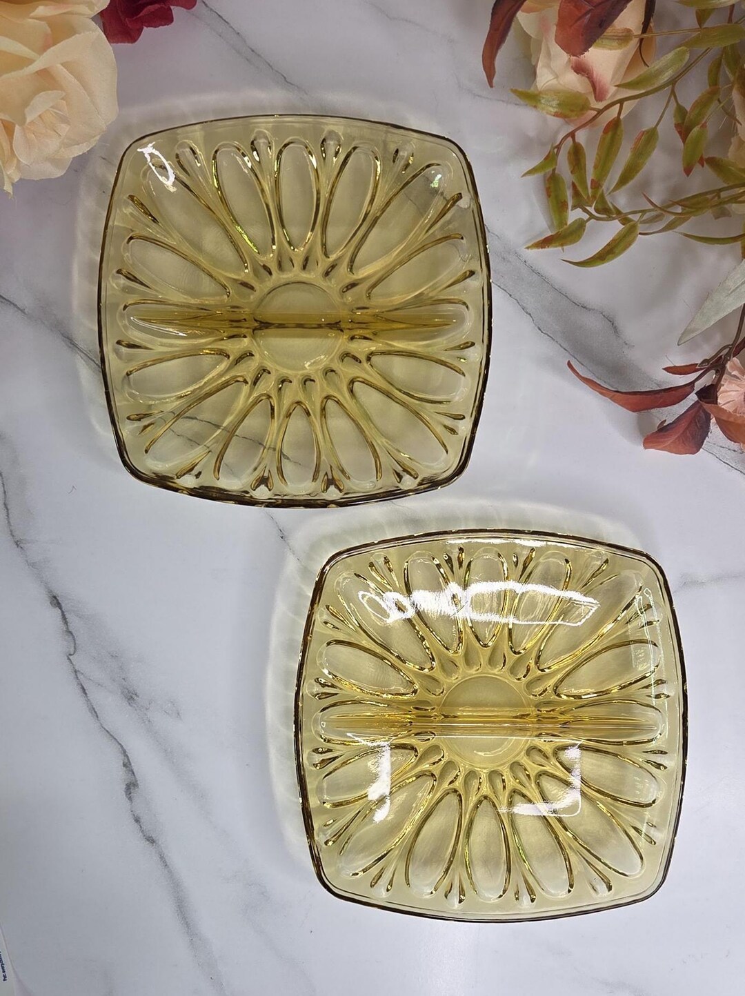 Vintage Amber Indiana Glass Square Divided Dish - Made in USA - 7 ...