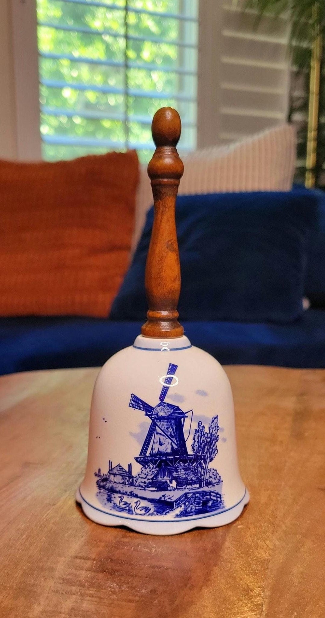 Vintage Delft Blue Hand Bell - Handpainted Ceramic Bell With Wooden ...